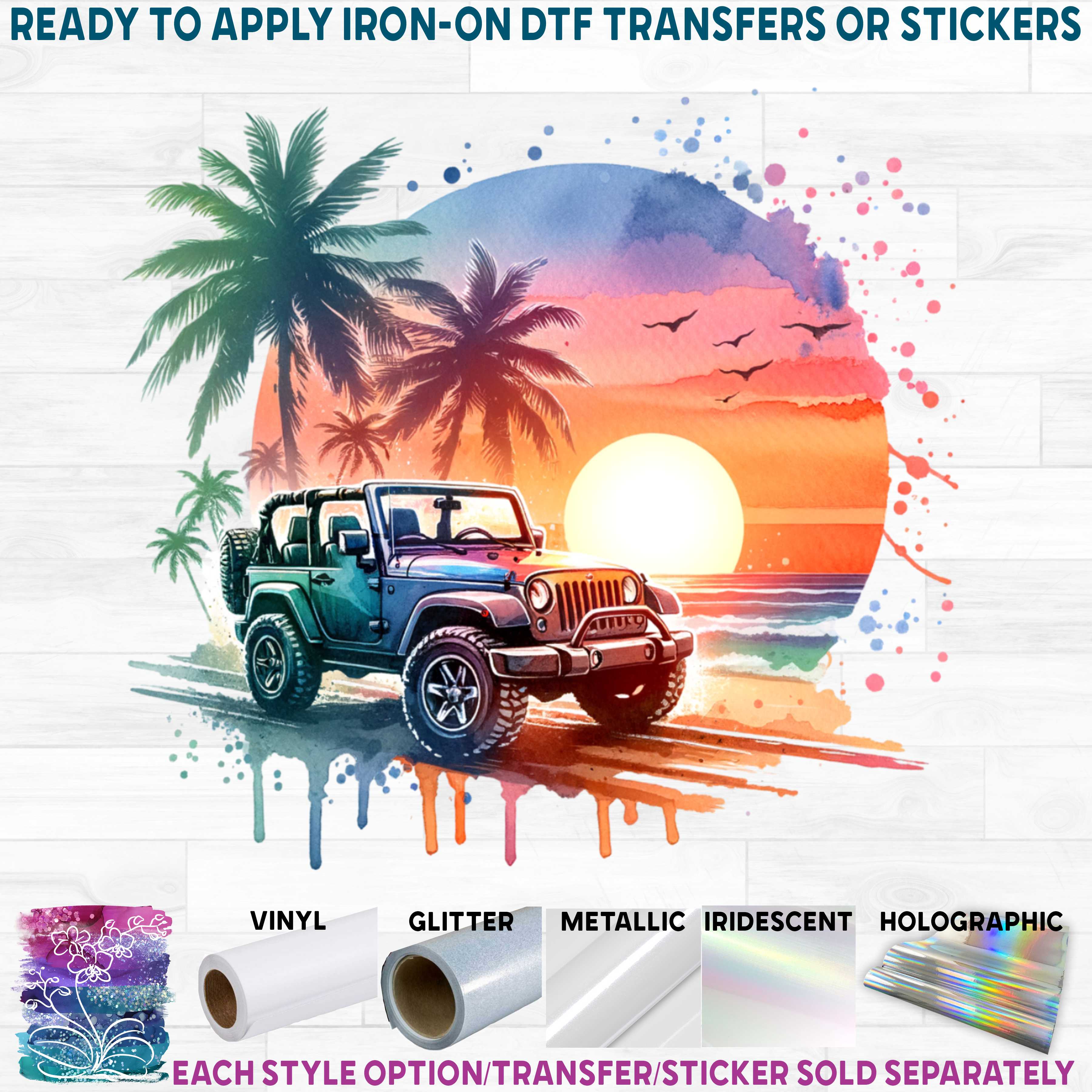 (s314-2A) Watercolor Jeep 4x4 Sunset Beach – StickersbyStephanie